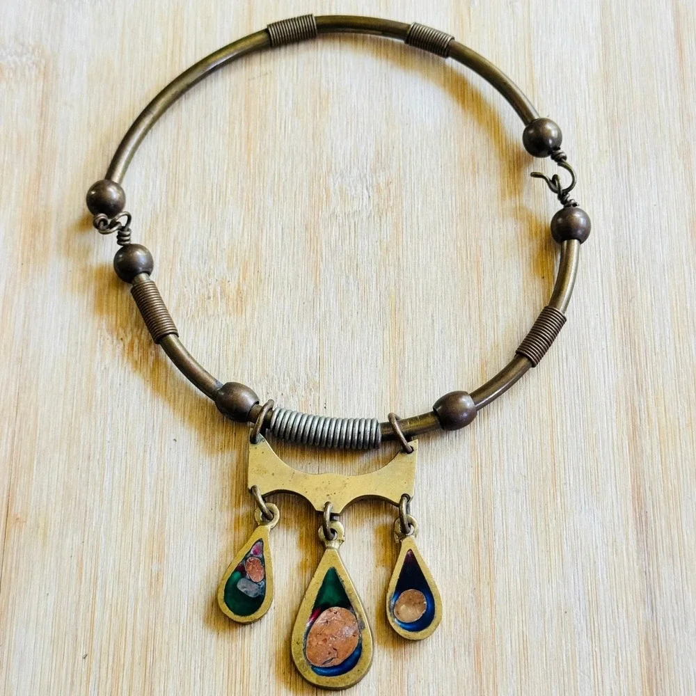 Jewelry | Choker Brass Metal Necklace Vtg Statement Tube Collar Dangle ...